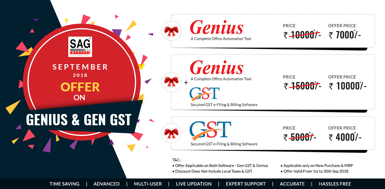 SAG Infotech Combo Offer on Genius & Gen GST Software (Closed Offer ...